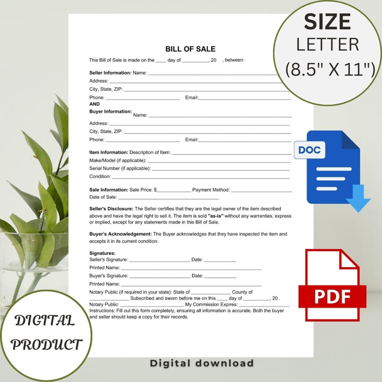 Editable Printable Bill of Sale Contract, Simple Agreement Template ...
