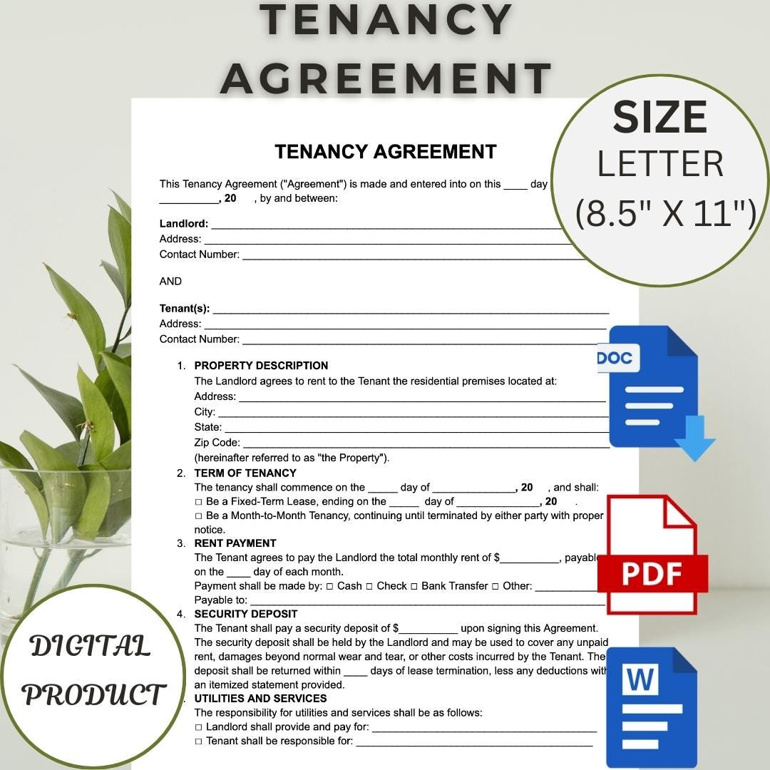 Simple Tenancy Agreement Template, Editable Printable Tenancy Rental ...