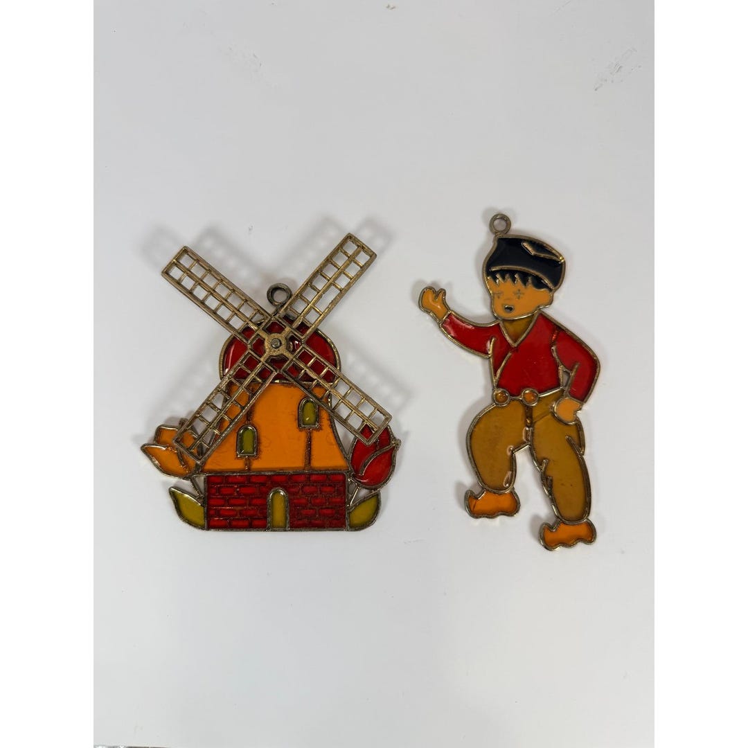 Vintage Dutch Windmill & Boy Stained Glass Sun Catcher Ornament Set - Etsy