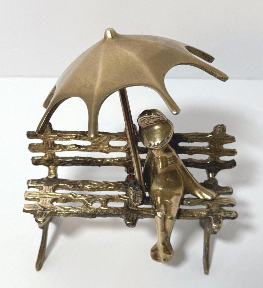 Vintage Brass Frog Sitting on Bench Under Umbrella Statue Figurine ...