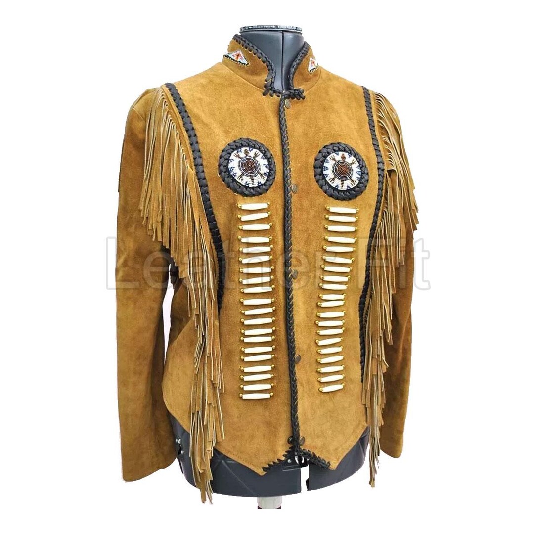 Suede Fringe Jacket: Beaded Medallions & Bone Details - Western Style ...