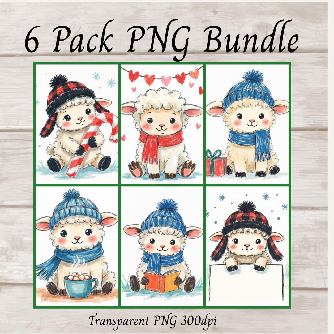 Lamb Clipart Bundle PNG | Crayon Drawing Style Winter & Valentine Lamb ...