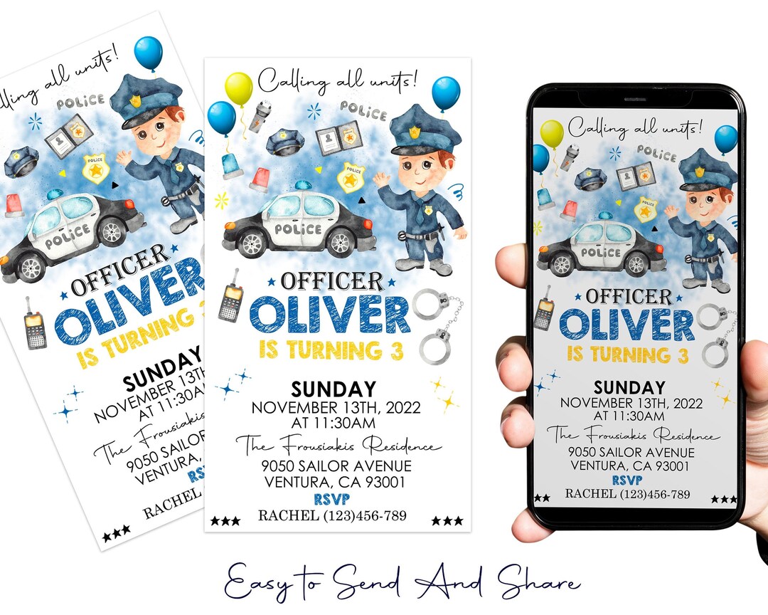 Watercolor Police Invitation, Police Birthday Invitation, Police ...