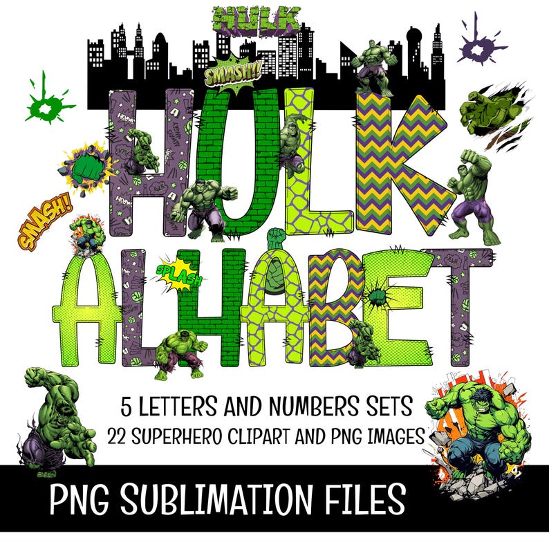 Hulk Doodle Alphabet Bundle, Hulk PNG Letters, Numbers, Hulk Clipart ...