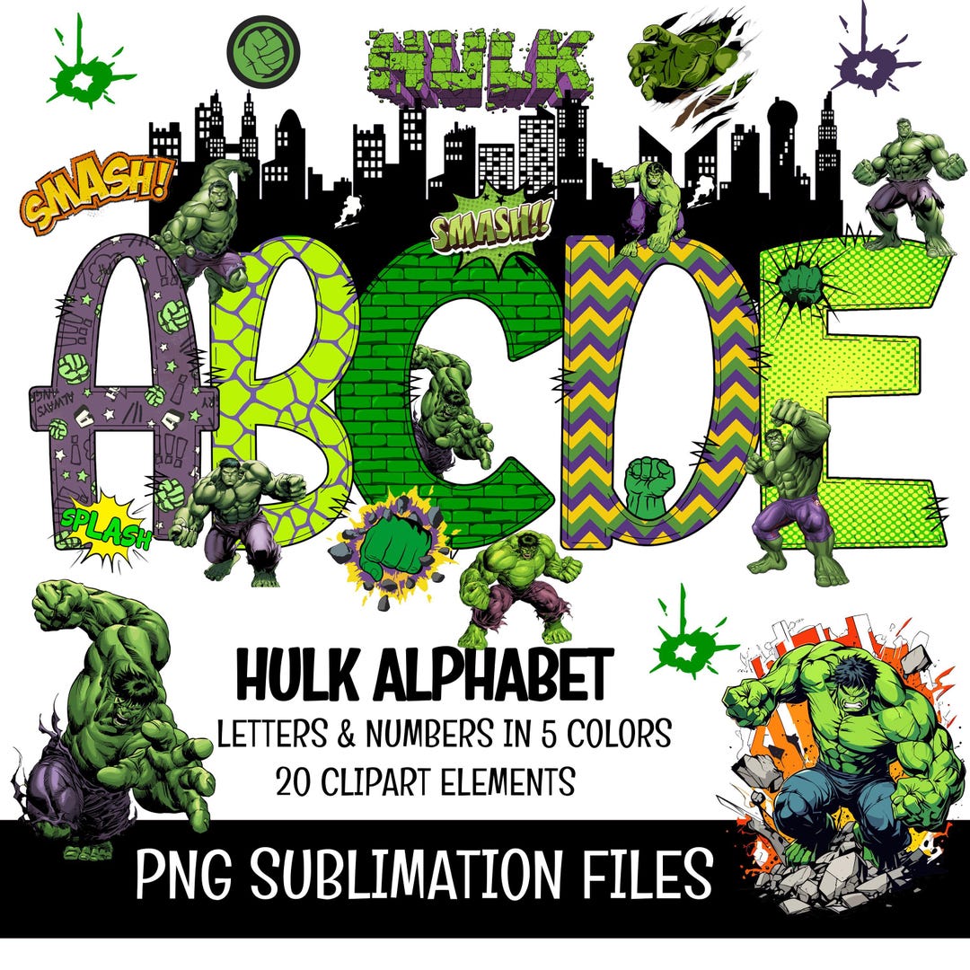 Hulk Doodle Alphabet Bundle, Hulk PNG Letters, Numbers, Hulk Clipart ...