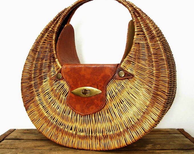 Vintage Handbag / 1970s Large Round Wicker Basket Handbag - Etsy