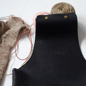 Black Leather Knitting Bag, Medium Leather Knitting Wristlet in Black ...