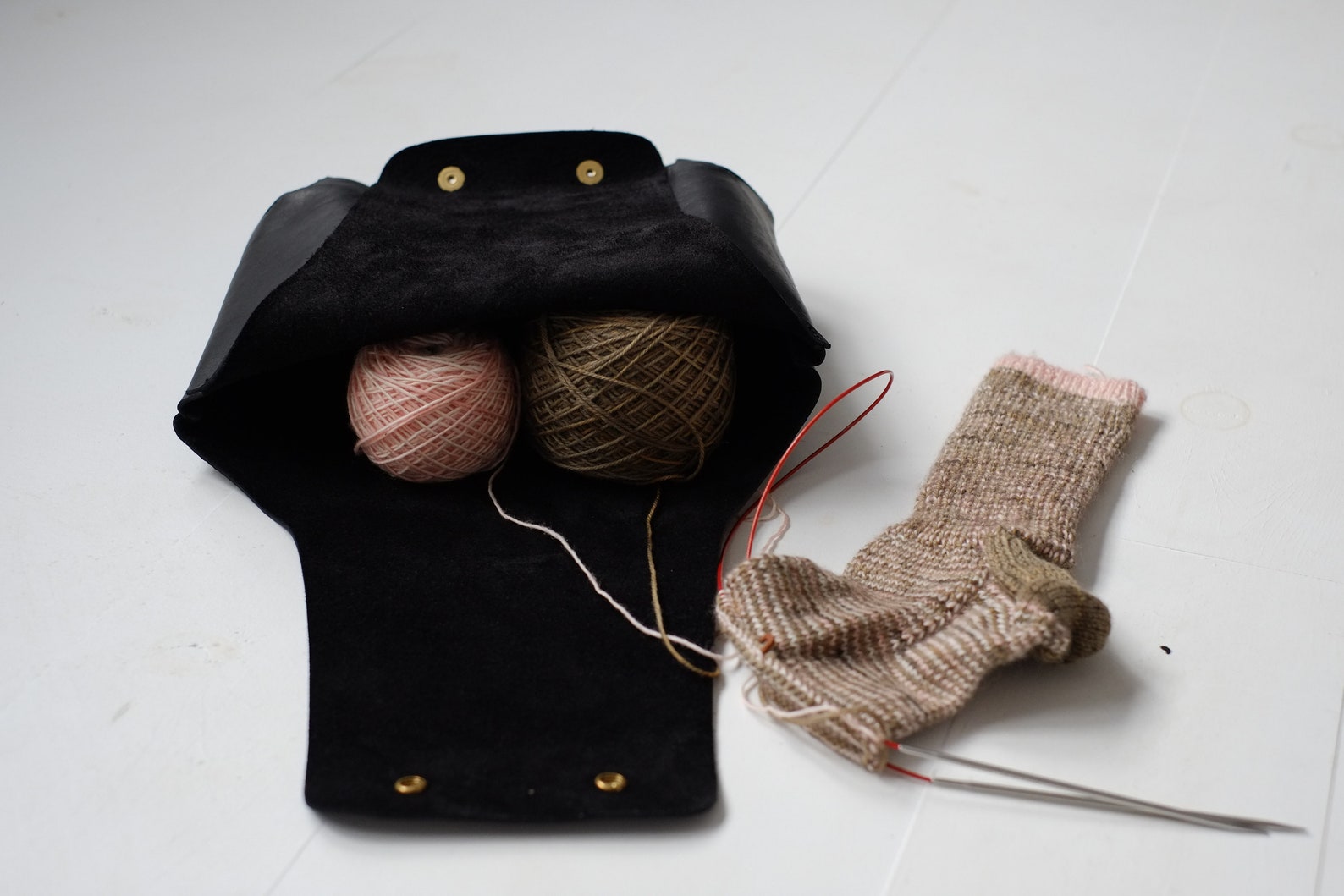 Black Leather Knitting Bag, Medium Leather Knitting Wristlet in Black ...