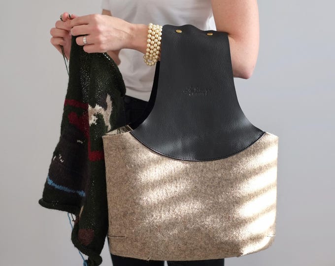 Large Black Leather and Felt Knitting Bag, Project Bag for Knitting or ...