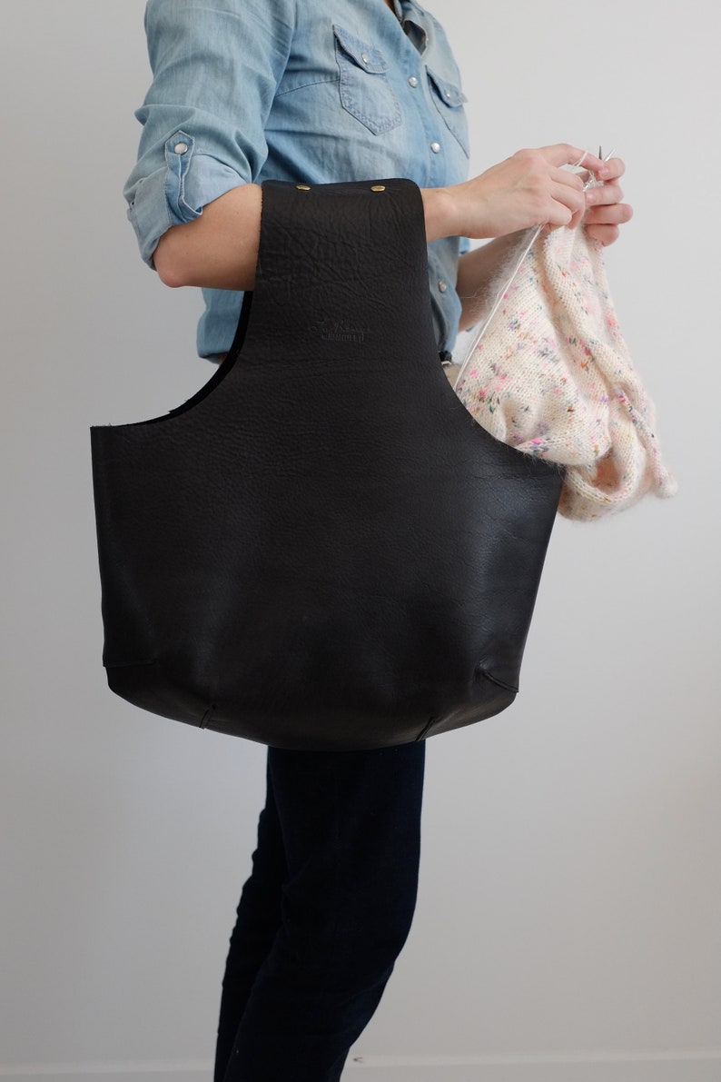Large Black Leather Knitting Bag, Yarn Wristlet in Black Leather ...