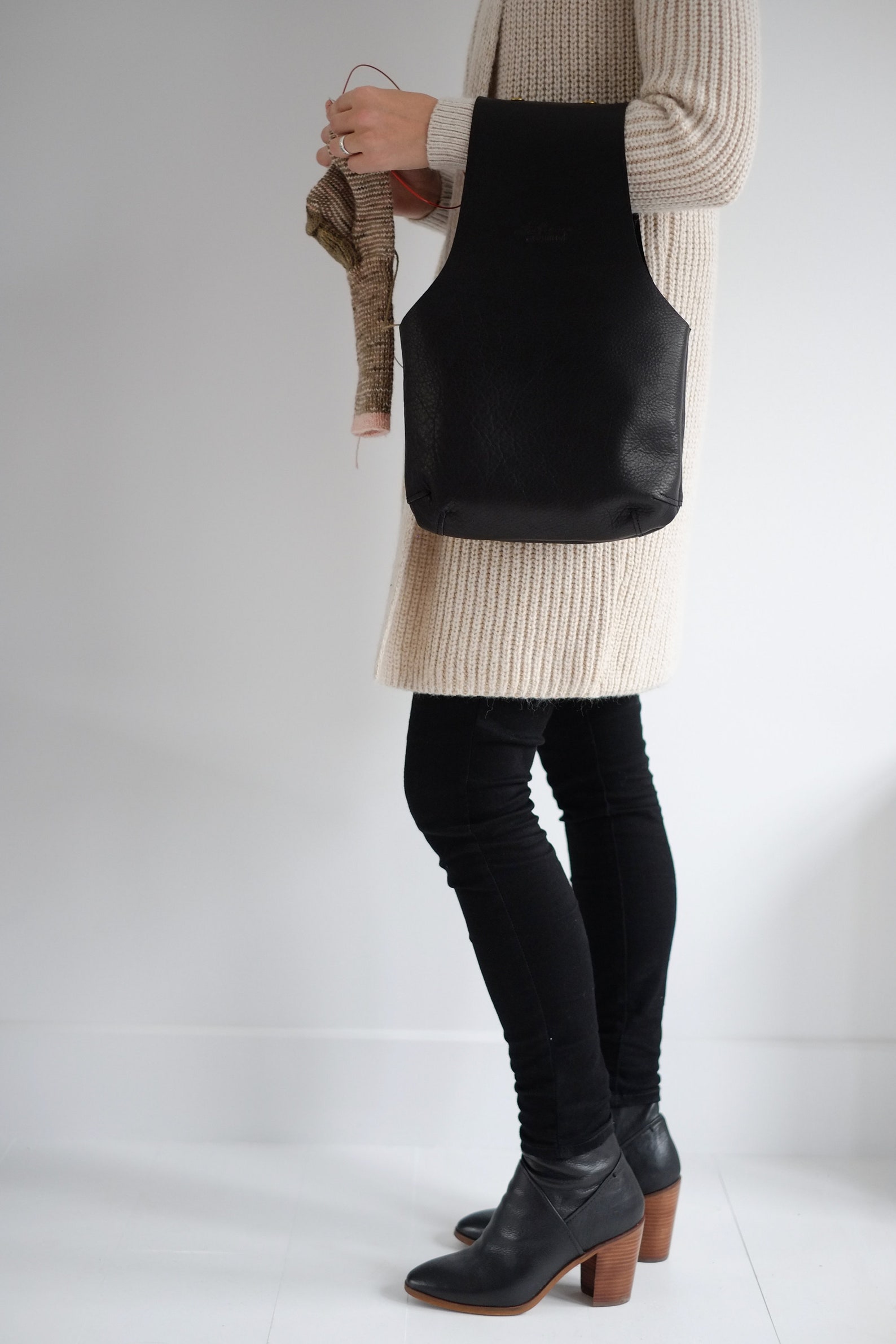 Black Leather Knitting Bag, Medium Leather Knitting Wristlet in Black ...