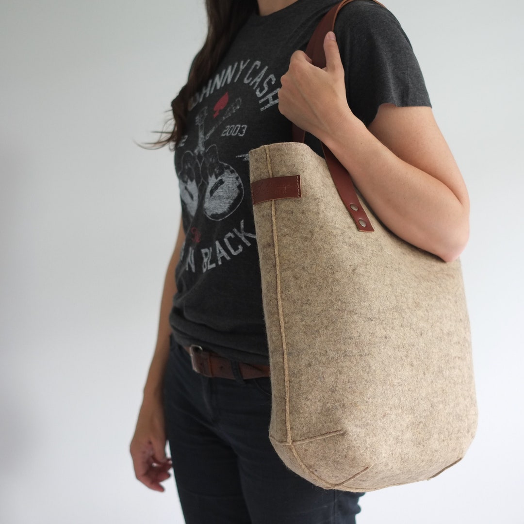 Natural Felt and Leather Bag, Shoulder Tote, Wool Felt Handbag, Felt ...