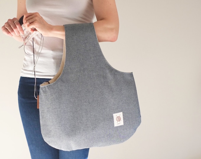 Large Project Bag, Gray Knitting Bag, Knitting Wristlet, Bag for ...