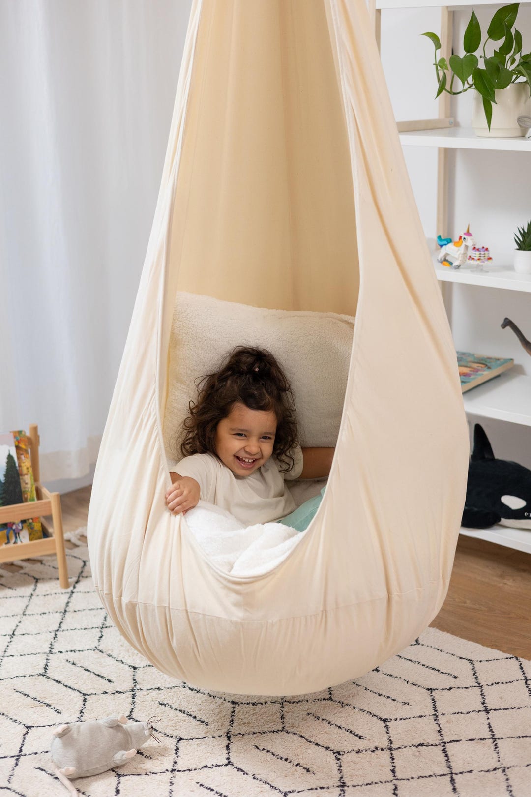 Hanging Cocoon Chair for Kids, Soft Indoor Hammock Swing, Beige Cotton ...