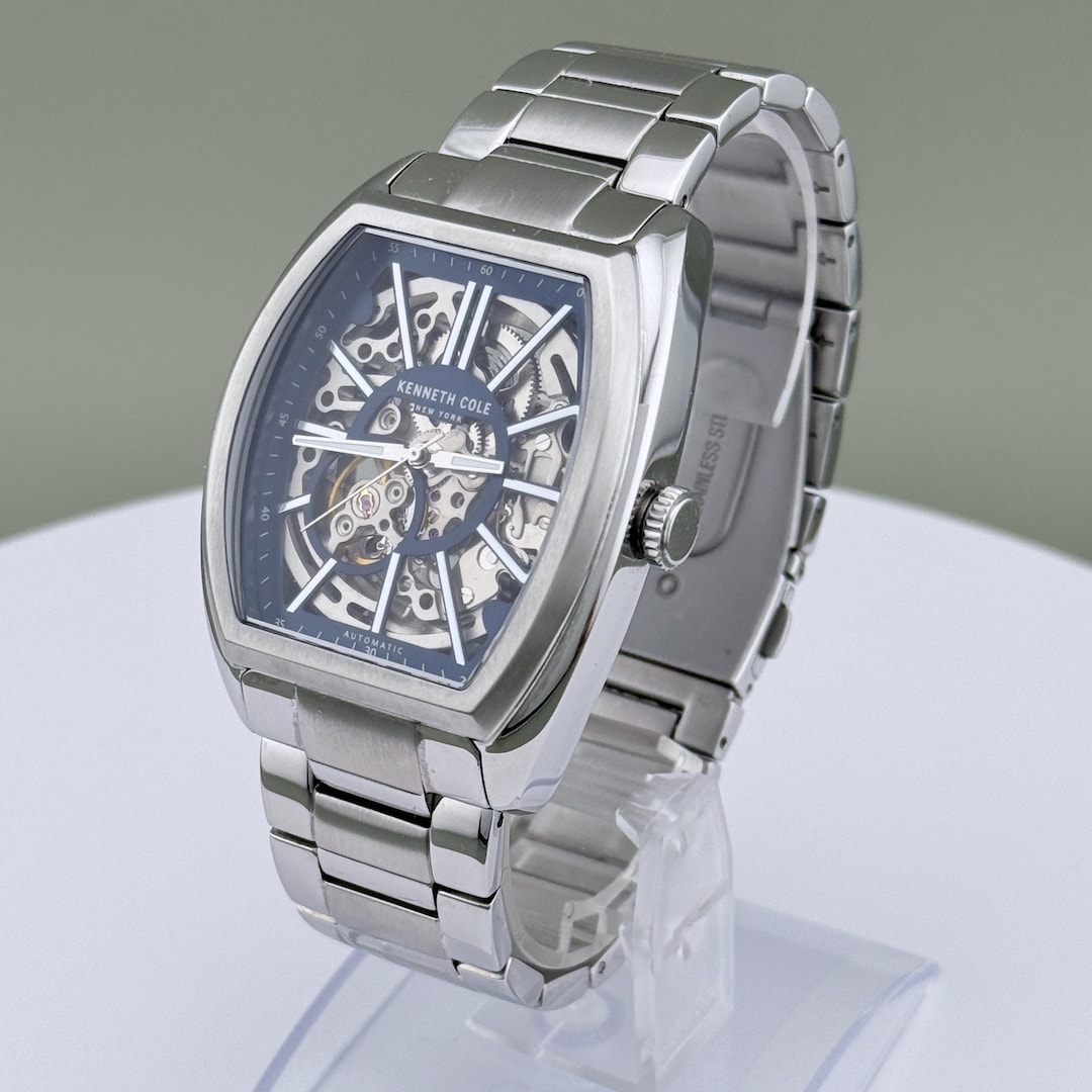 Kenneth Cole Automatic Skeleton Watch Stainless Steel Tonneau Case Open ...