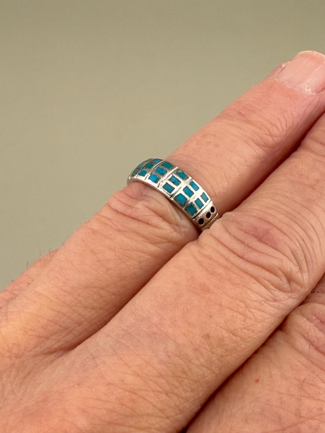Turquoise Mosaic Inlay Grid Band Ring | Size 4.5 | Sterling Silver ...