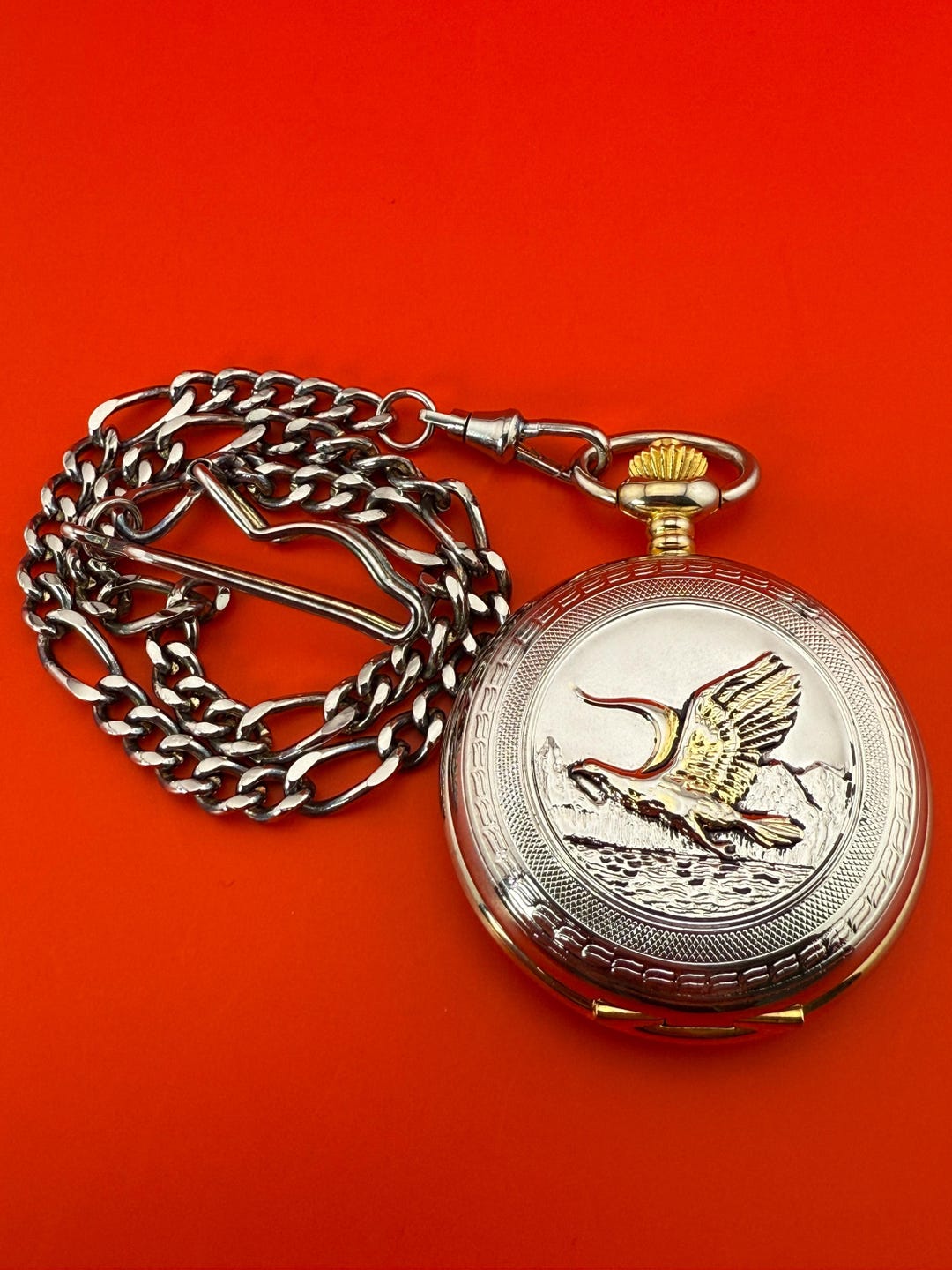 Wrangler Pocket Watch – Figaro Chain – Gold-tone Hunter Case With Eagle ...