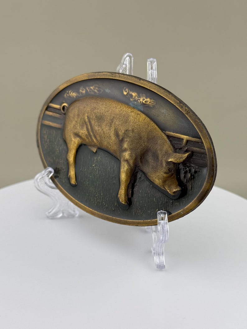 Pig Hog Farm Belt Buckle 1977 Solid Brass Green Inlay Oval Bergamot - Etsy