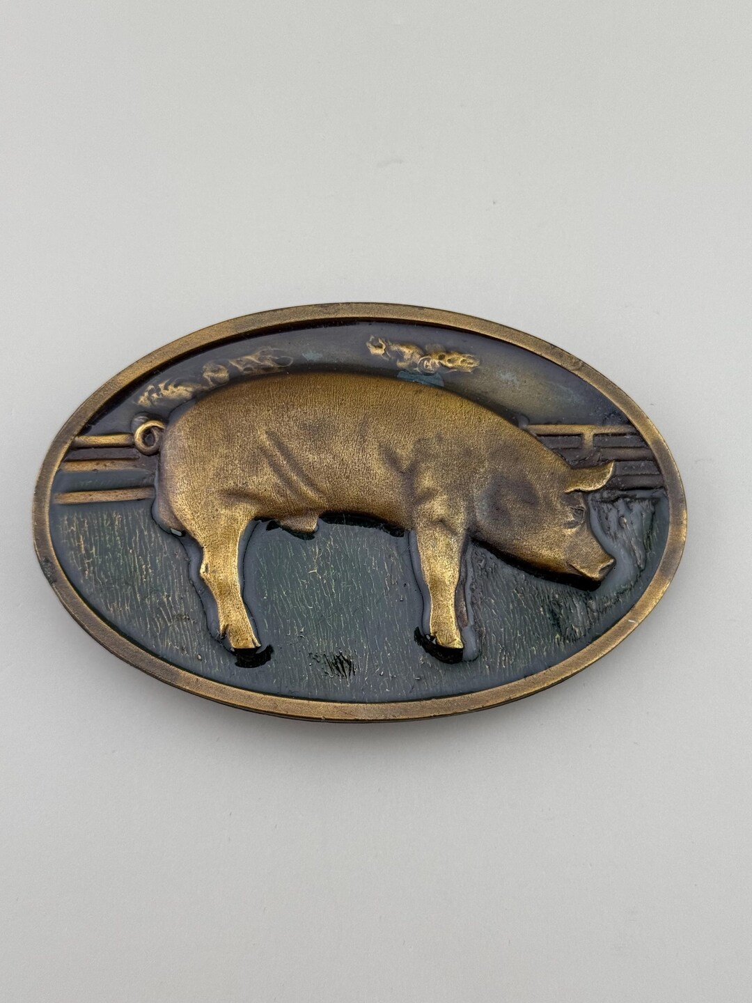 Pig Hog Farm Belt Buckle 1977 Solid Brass Green Inlay Oval Bergamot - Etsy