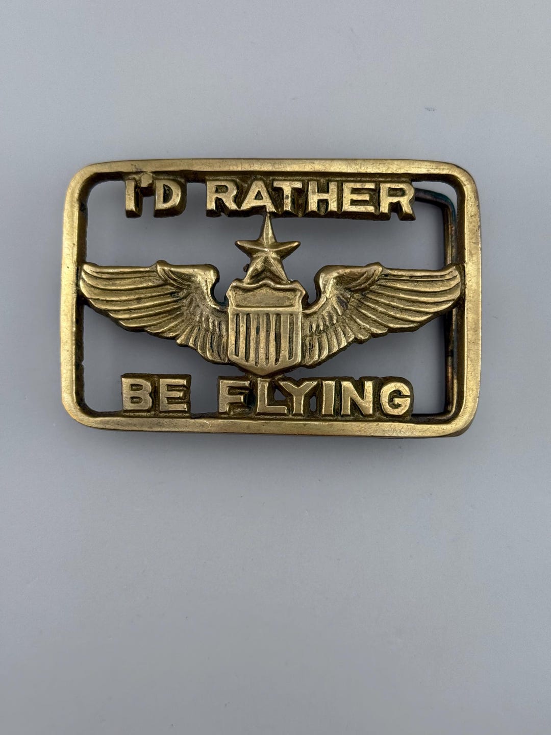 I’d Rather Be Flying Pilot Belt Buckle Solid Brass Aviation Wings Star ...