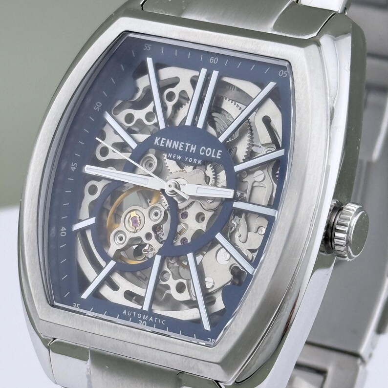 Kenneth Cole Automatic Skeleton Watch Stainless Steel Tonneau Case Open ...