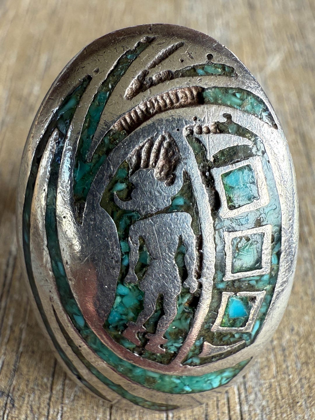 Vintage HOPI KACHINA Native American Turquoise Sterling Silver Ring Sz ...