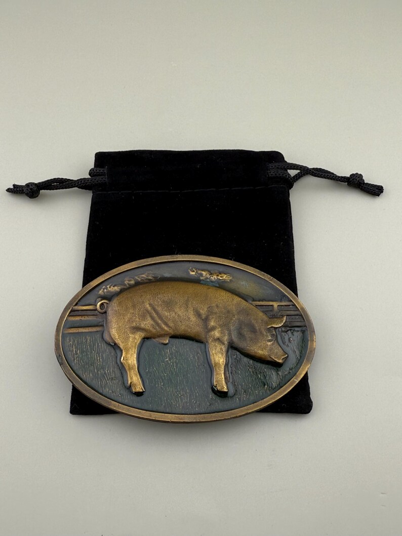 Pig Hog Farm Belt Buckle 1977 Solid Brass Green Inlay Oval Bergamot - Etsy