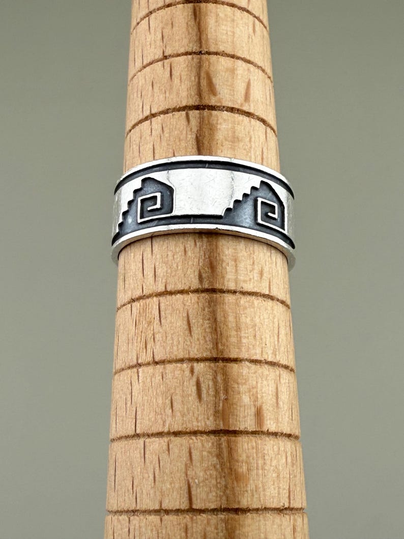 Sterling Silver Mexican Pattern Band Ring Size 9.5 | Oxidized Geometric Motif | Vintage Silver ...