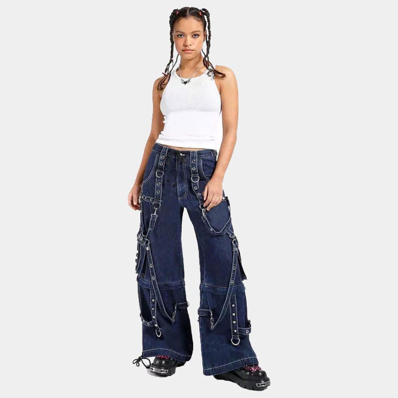 Denim Strap Pant Indigo Wide Legs With Straps Cargo Trousers Tripp Pant ...