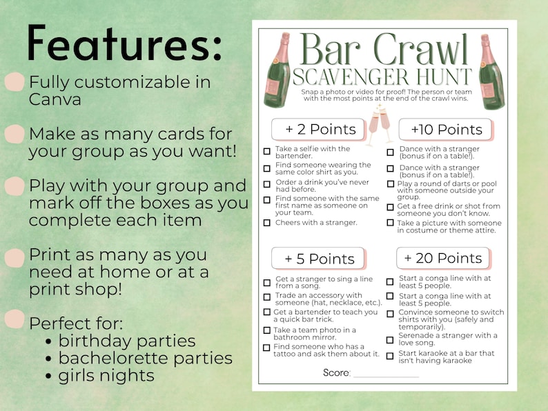 Bar Crawl Scavenger Hunt, Bar Scavenger Hunt, Bar Crawl Games, Birthday ...