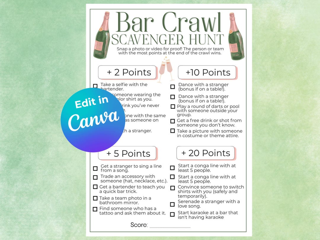 Bar Crawl Scavenger Hunt, Bar Scavenger Hunt, Bar Crawl Games, Birthday ...
