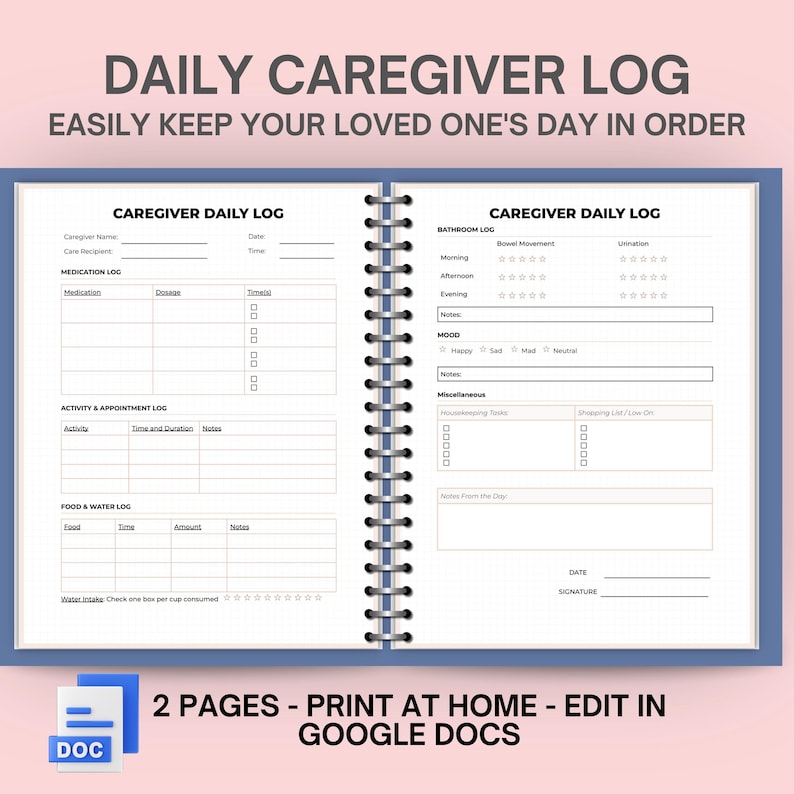 Caregiver Log, Medication Log, Doctor Visit Tracker, Caregiver ...