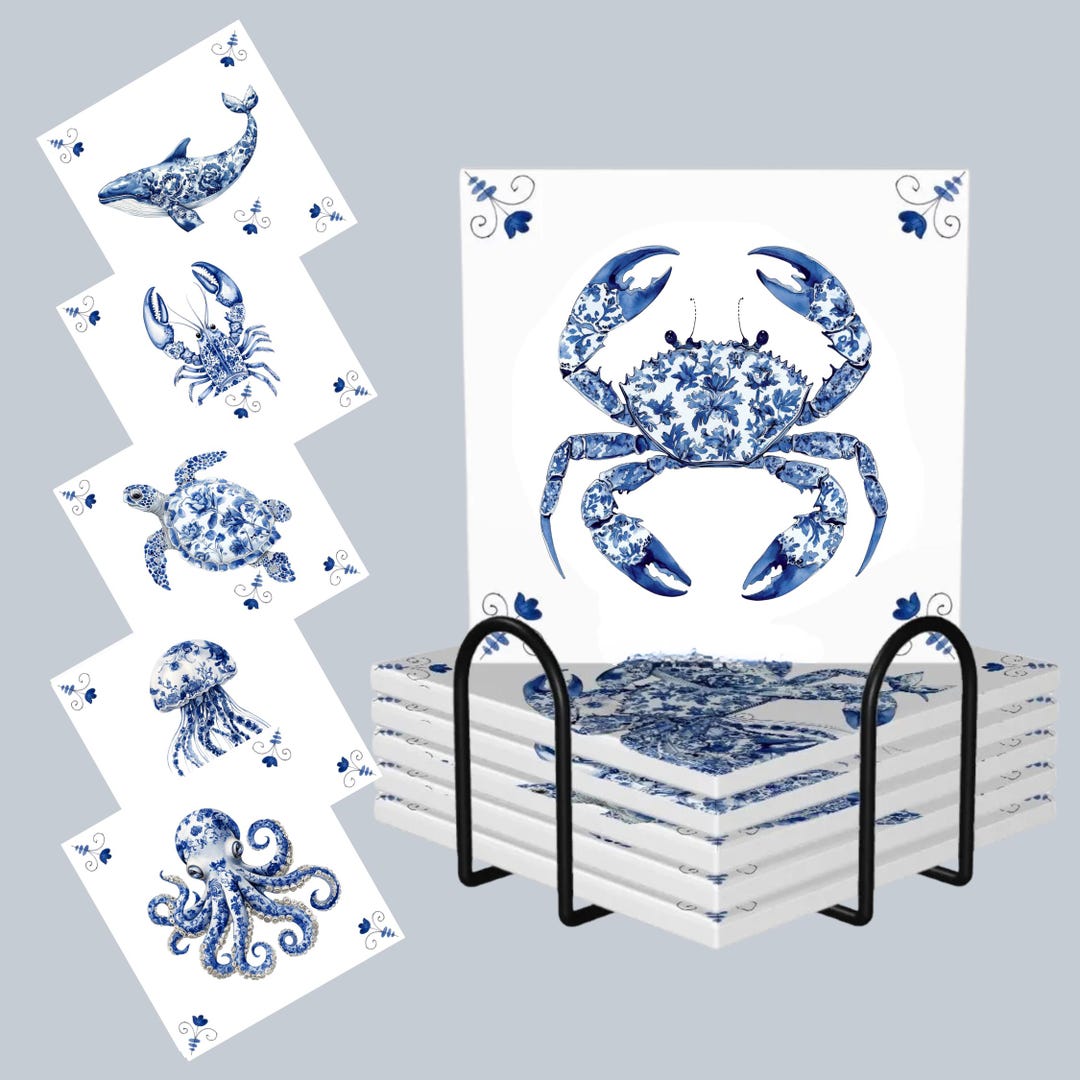 Delft Blue Ceramic Coasters, Set of 6 Sea Life Printed Tiles - Etsy