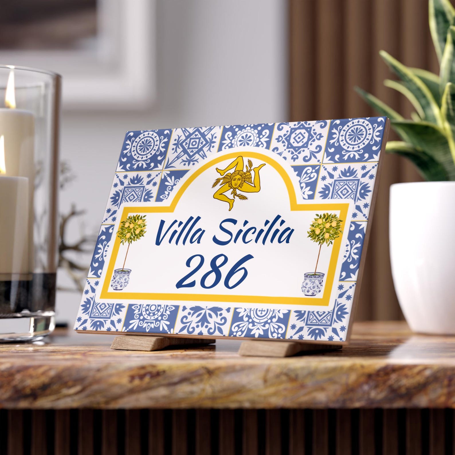Custom Sicilian House Sign, Ceramic Sicily Trinacria & Majolica Tile ...