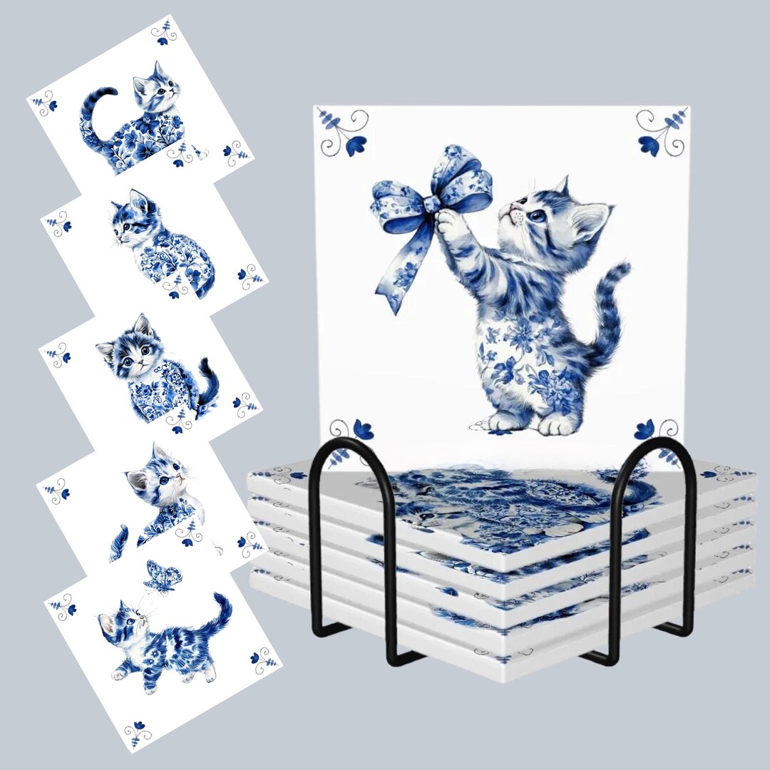 Delft Blue Cats Coasters, Set of 6 Ceramic Tiles With Stand - Etsy