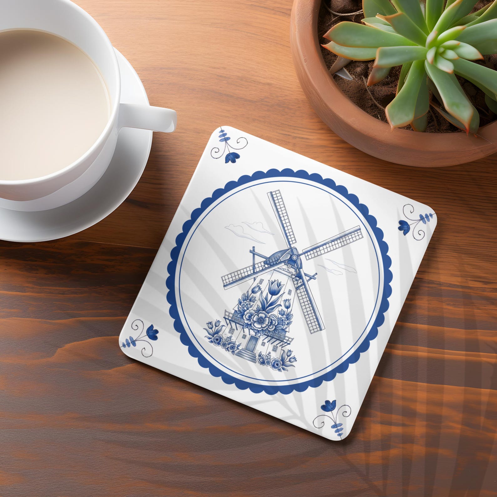 Delft Blue Dutch Coasters Set: Kissing Couple Ceramic Tiles With Holder ...