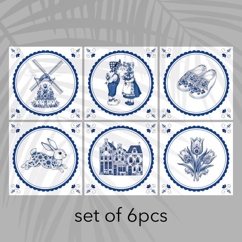 Delft Blue Dutch Coasters Set: Kissing Couple Ceramic Tiles With Holder ...