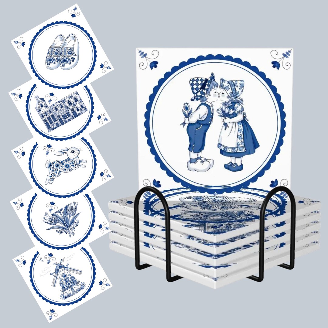 Delft Blue Dutch Coasters Set of 6 Tiles With Holder Stand, Kissing ...
