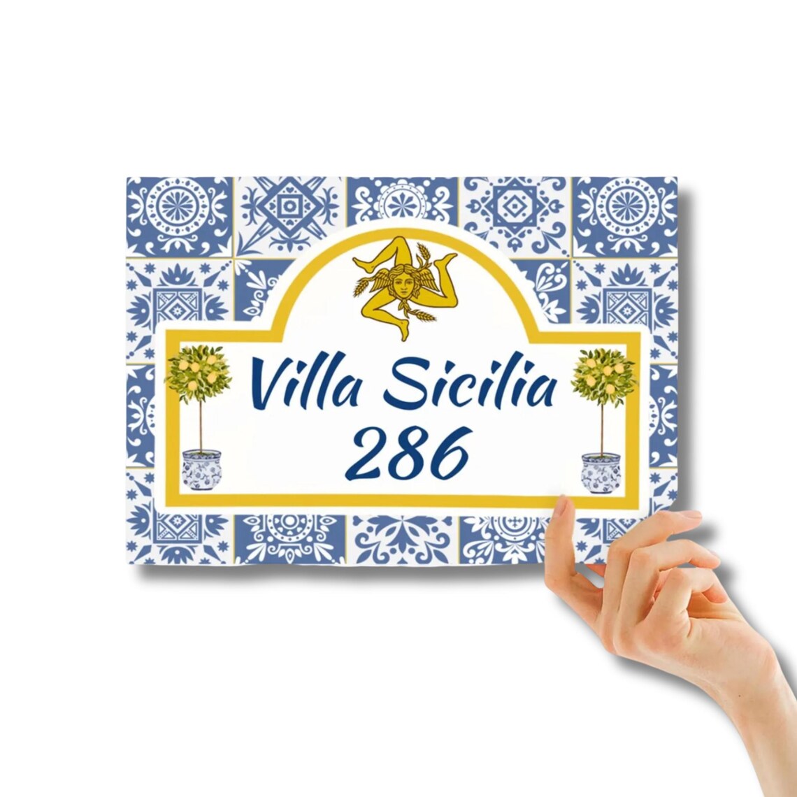 Custom Sicilian House Sign, Ceramic Sicily Trinacria & Majolica Tile ...
