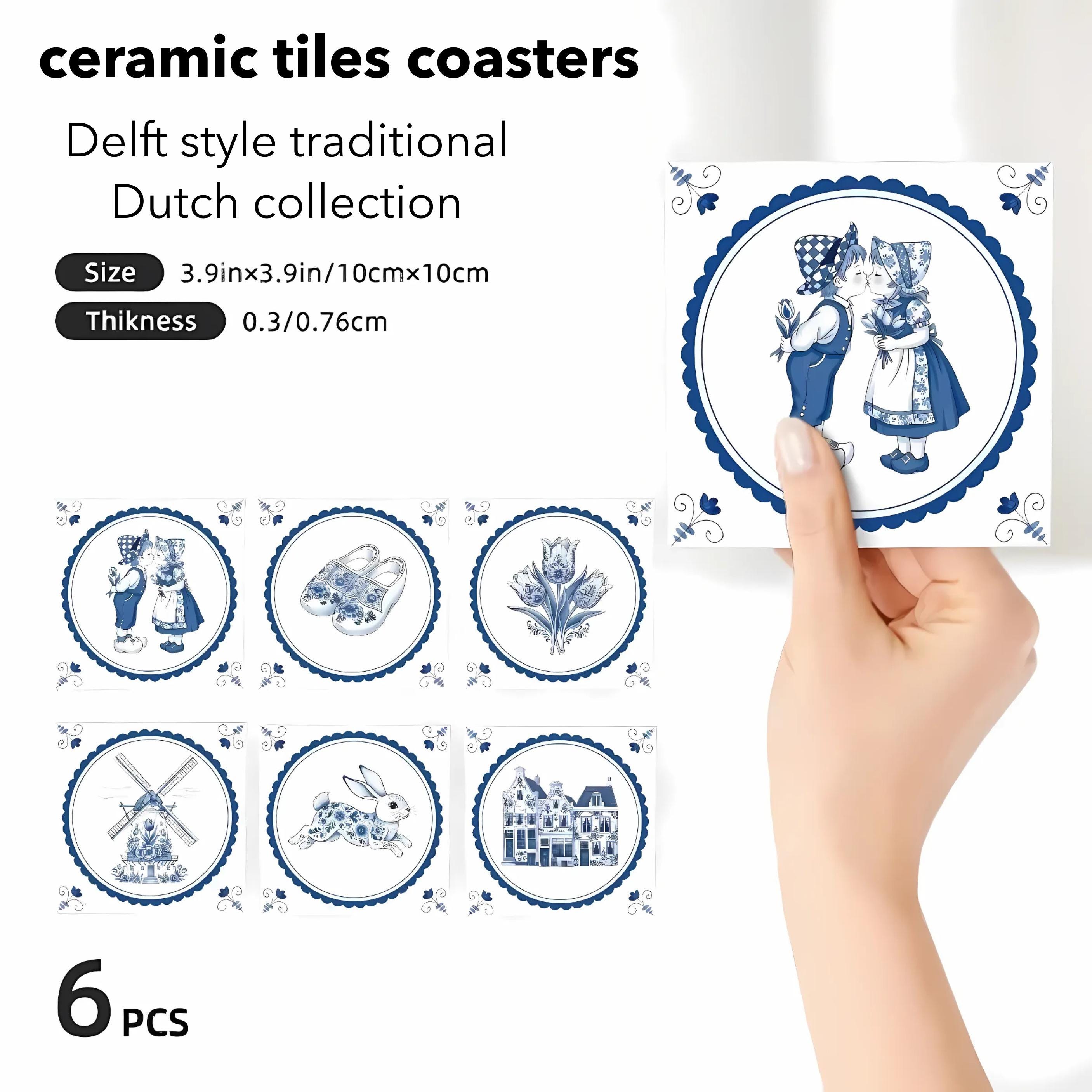 Delft Blue Dutch Coasters Set: Kissing Couple Ceramic Tiles With Holder ...