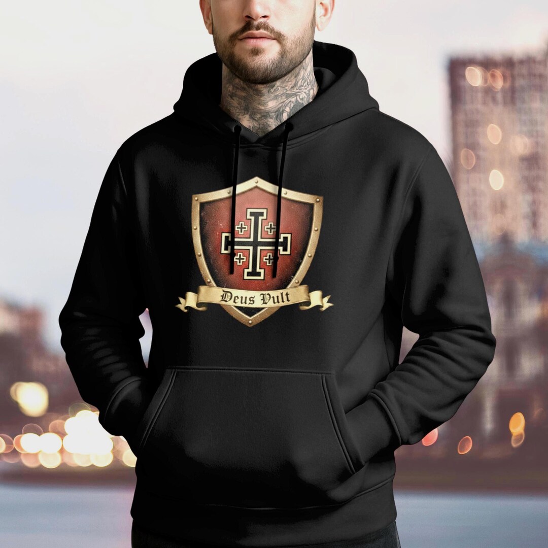Vintage Jerusalem Cross Hoodie, Deus Vult Crusade Knight Shield ...