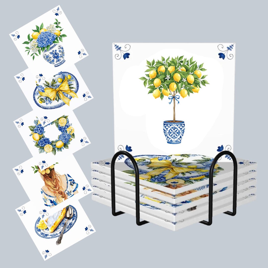 Blue Delft Ceramic Coasters, 6 Pcs Set With Amalfi Lemons Print - Etsy
