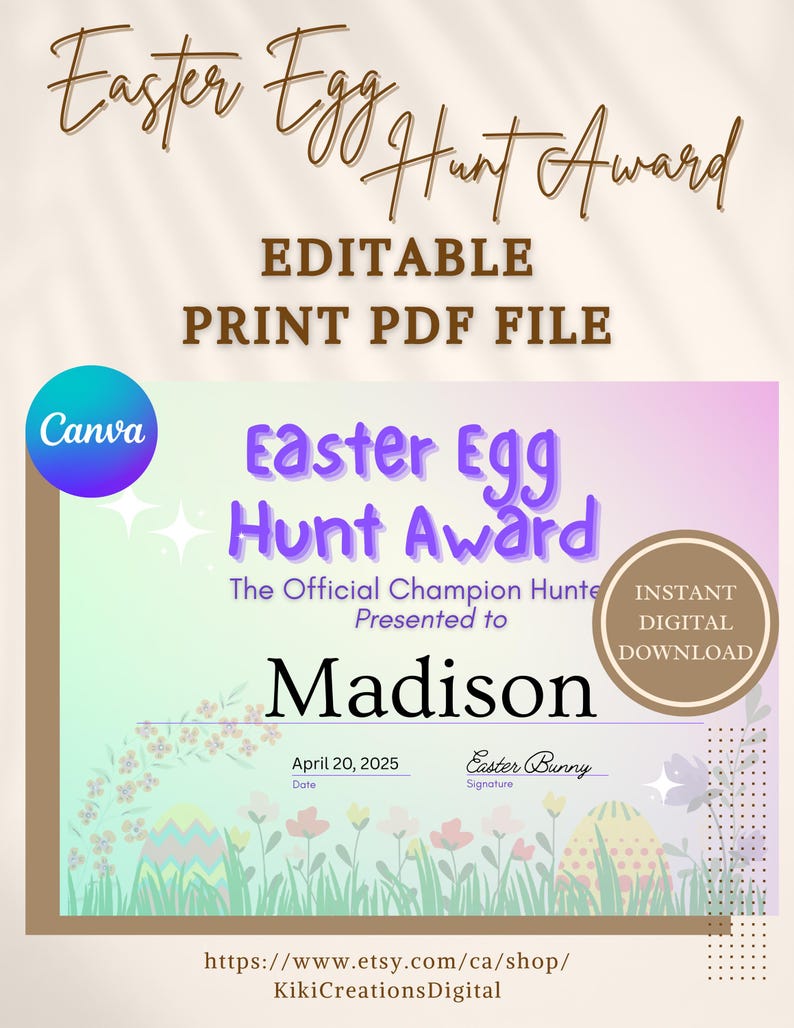 Editable Easter Egg Hunt Certificate Printable Award PDF for Kids ...