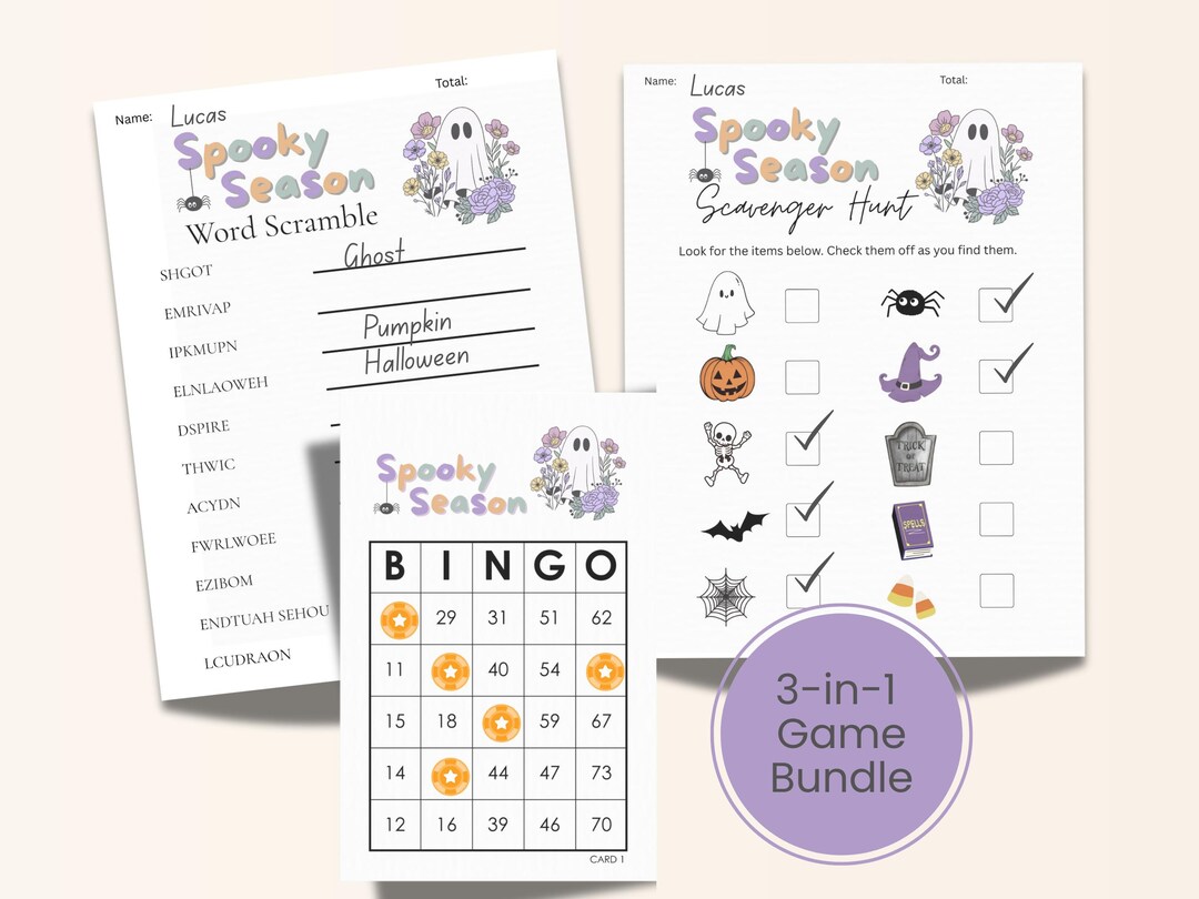 Halloween Game Bundle Printable | Bingo, Word Scramble, Scavenger Hunt ...
