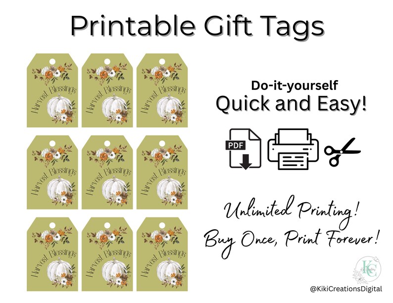 Harvest Blessings Gift Tags, Printable Pumpkin Floral Favor Tags (PDF ...