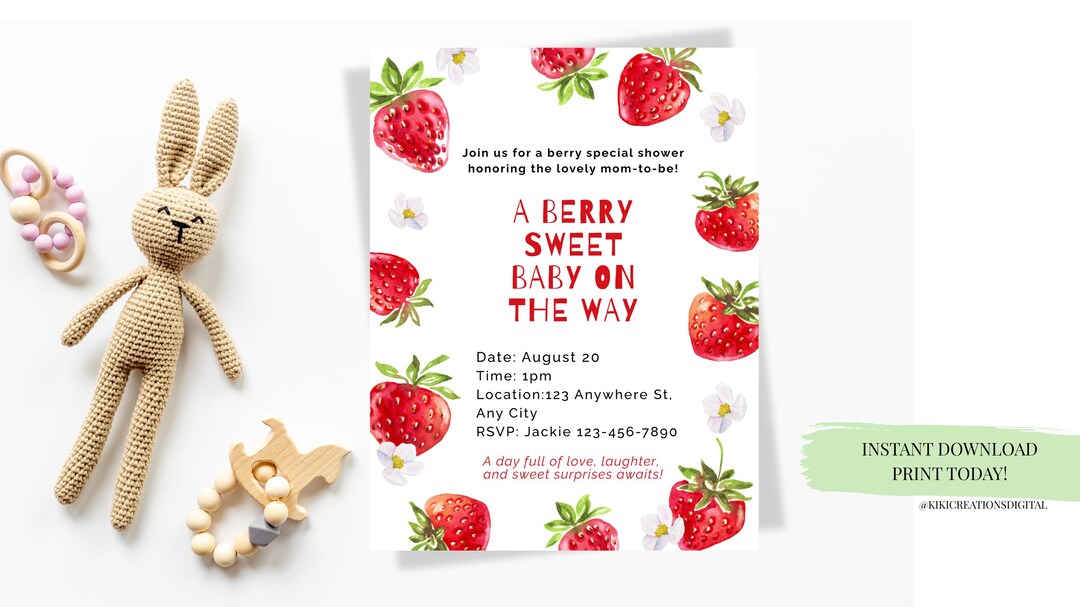 Berry Sweet Baby Shower Invitation Template – Editable Canva Strawberry ...