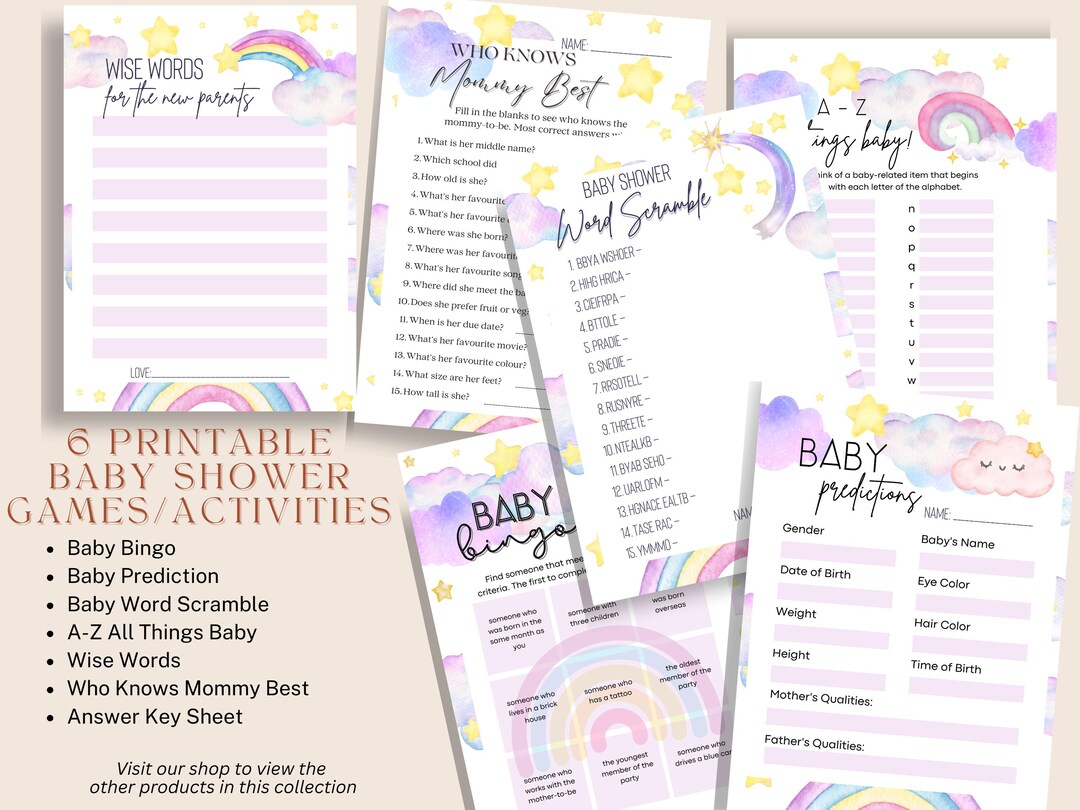 Printable Rainbow Baby Shower Games Bundle | 6 Fun Pastel Games ...