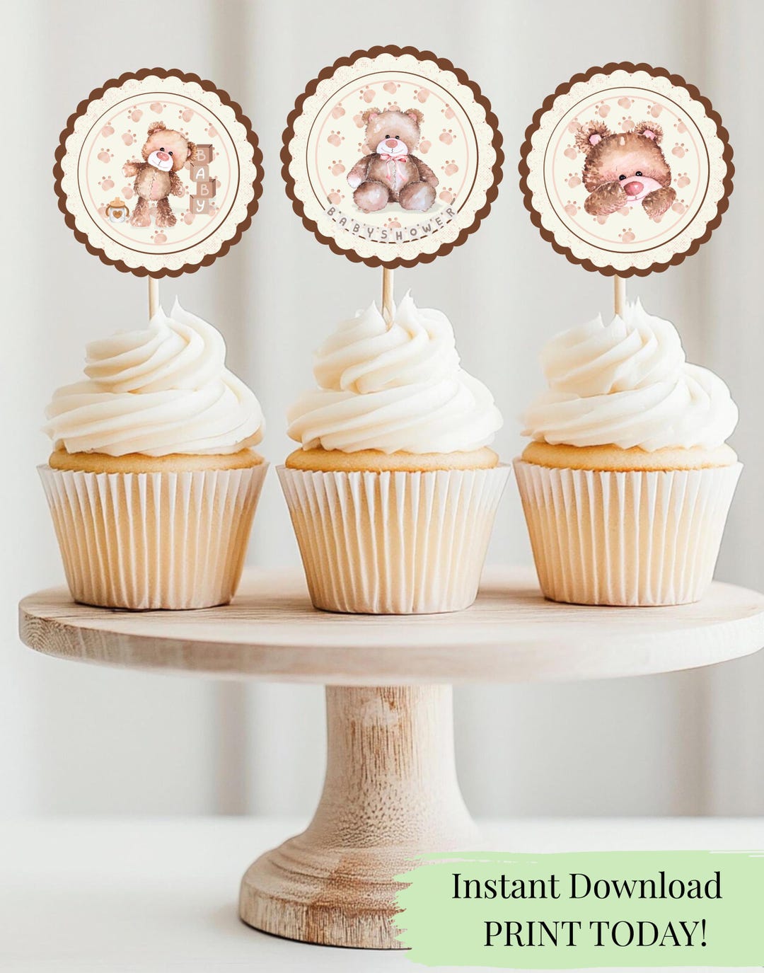 Watercolor Teddy Bear Cupcake Toppers | Baby Shower Decorations ...