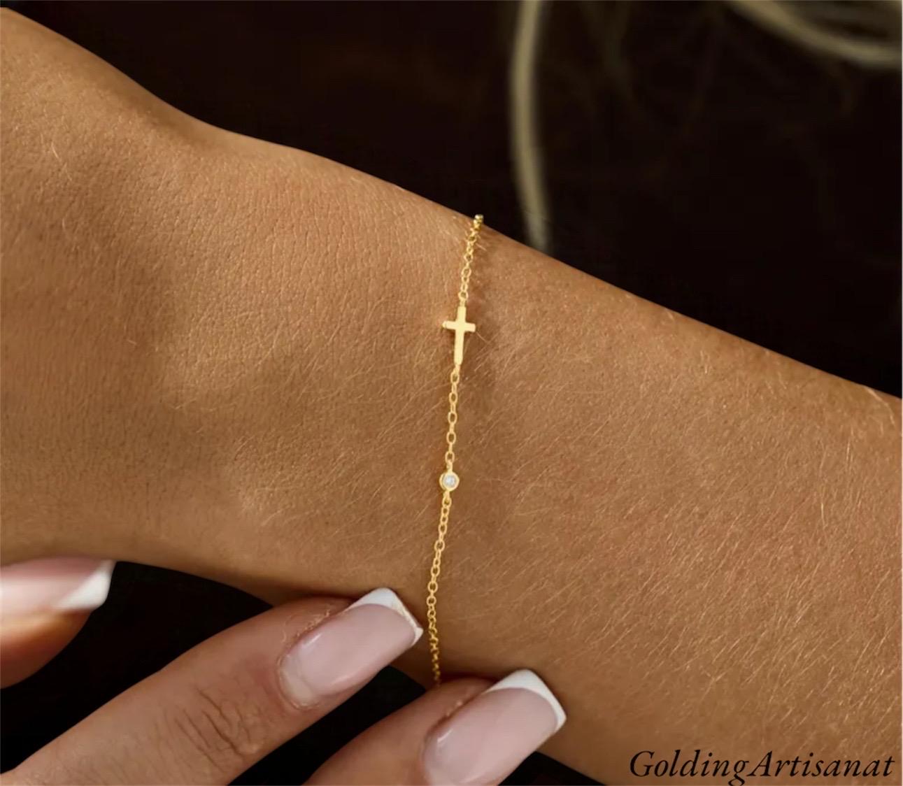 14K Gold Cross Bracelet With Birthstone, Mini Cross Bracelet With Birthstone, Birthday Gift and ...