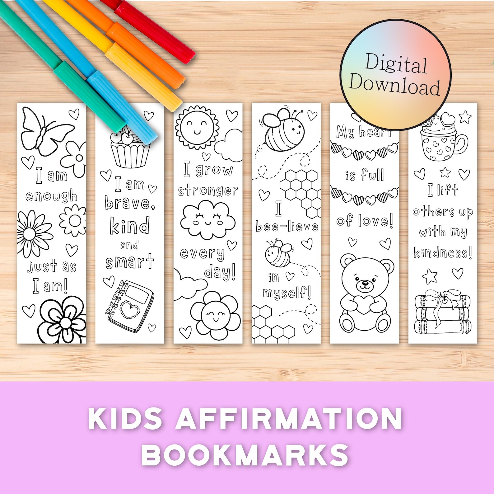 Positive Affirmation Coloring Bookmarks for Kids | Craft | DIY (digital ...